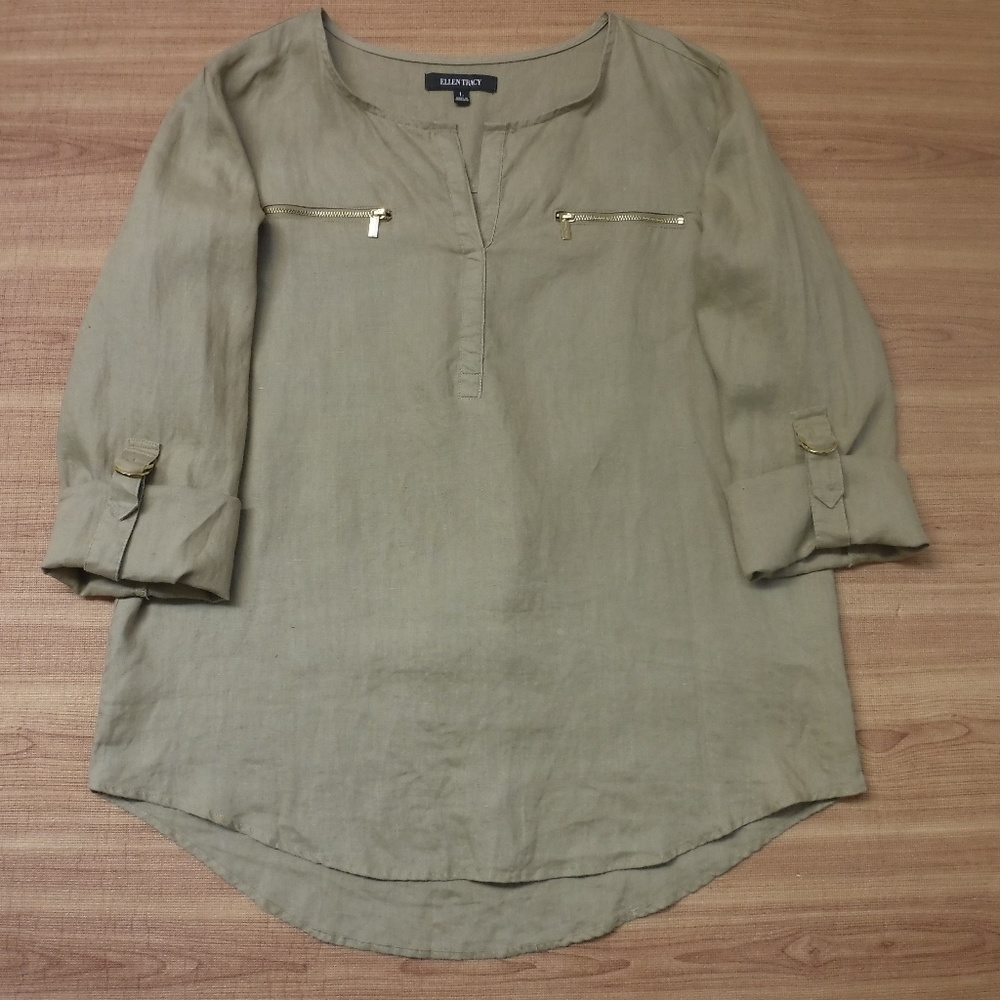 Ellen Tracy Dark Beige Roll Up 100%Linen Blouse - Gem